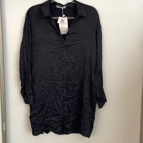 Bershka | Dresses | Bershka Black Crushed Silkish Shirt Dress | Poshmark